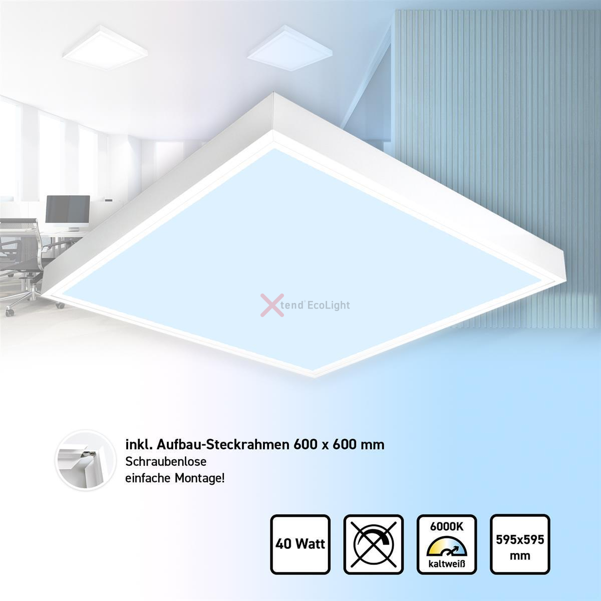 LED Panel 60x60 Tageslichtweiß 6000K 40W Steck-Aufbaurahmen PLe2.2, 49,99