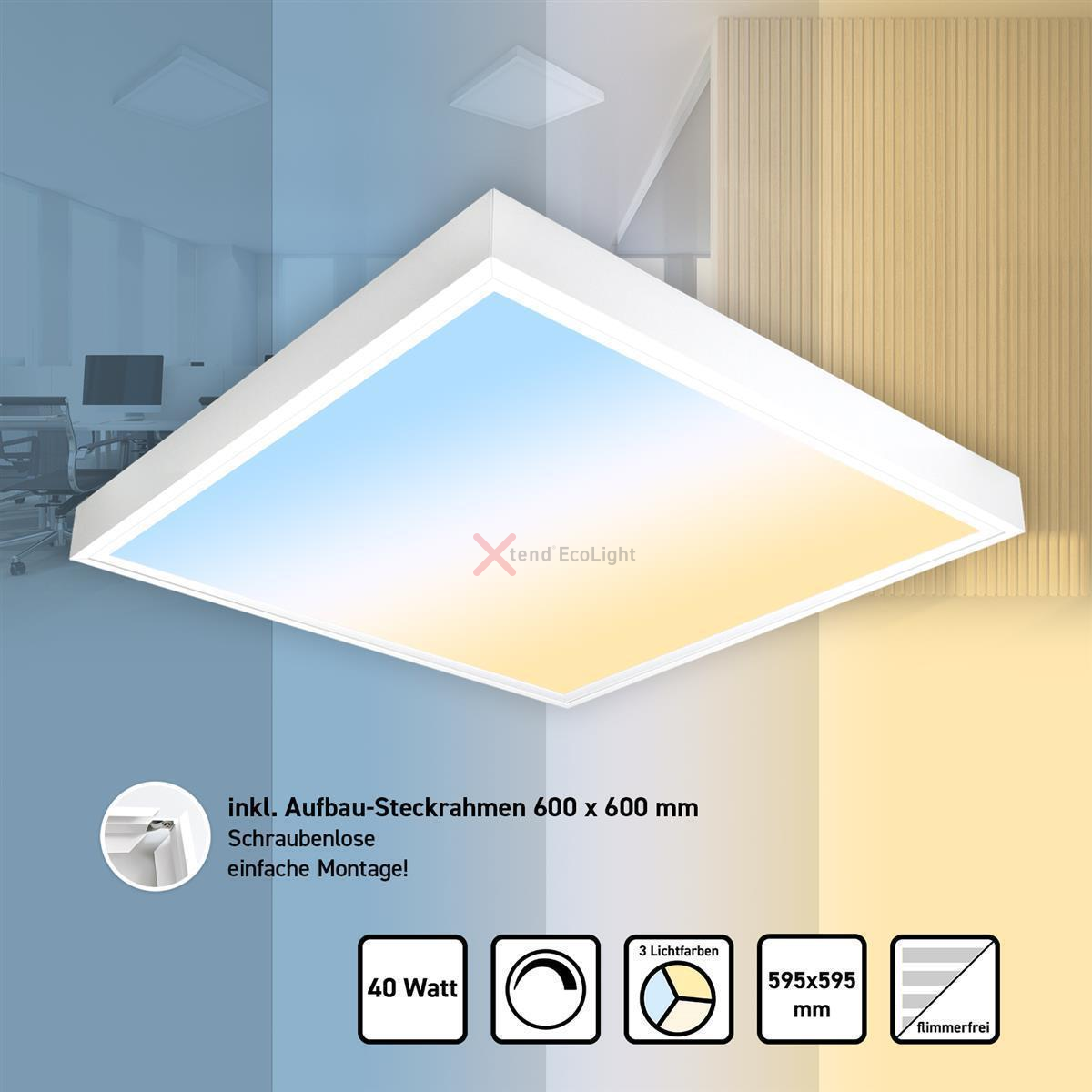 LED Panel 60x60 3CCT 3000K-4000K-6000K 40W dimmbar Triac Steck-Aufbau ...